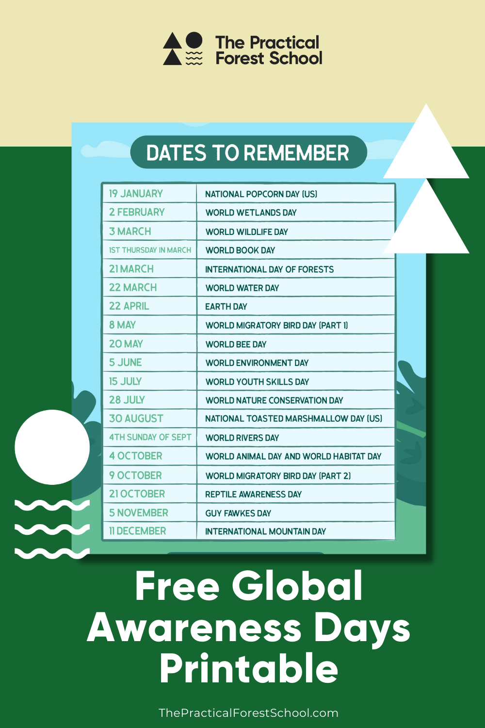 Global Nature Awareness Days (Free Printable)